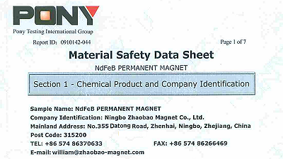 MSDS（Material Safety Data Sheet）for NdFeB PERMANENT MAGNET - Zhaobao Magnet